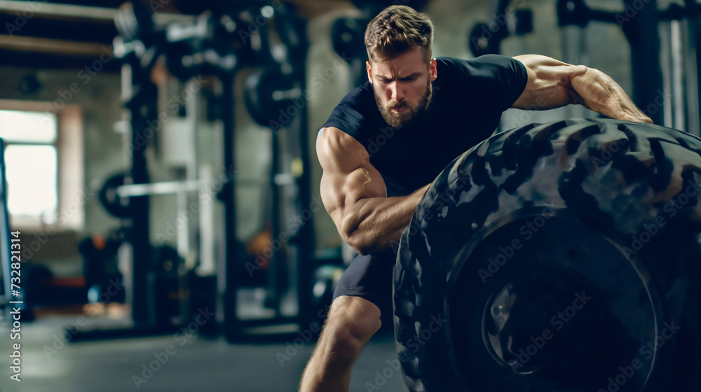 Handsome and muscular young athletic man flipping or pushing a heavy ...