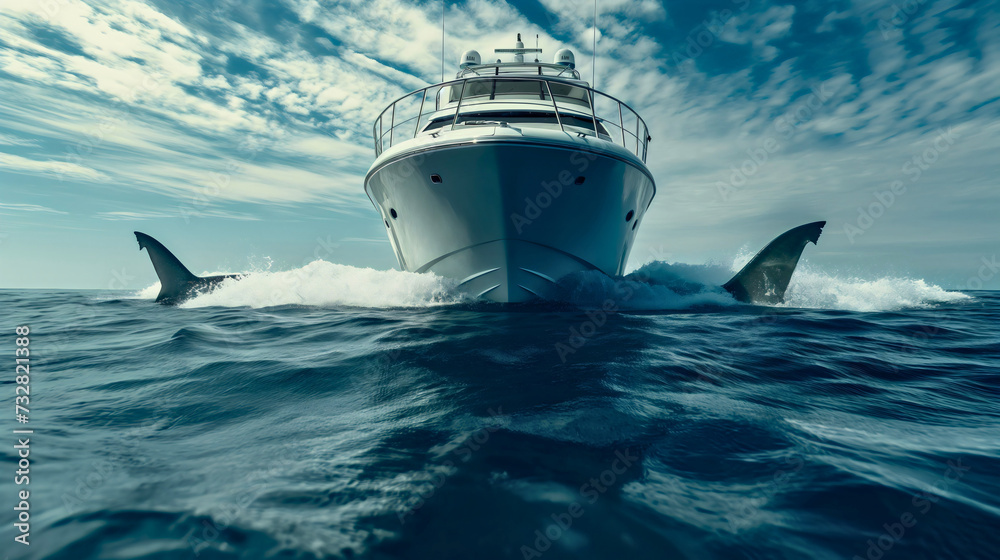 Two dangerous shark animal fin coming out of the sea or ocean water ...