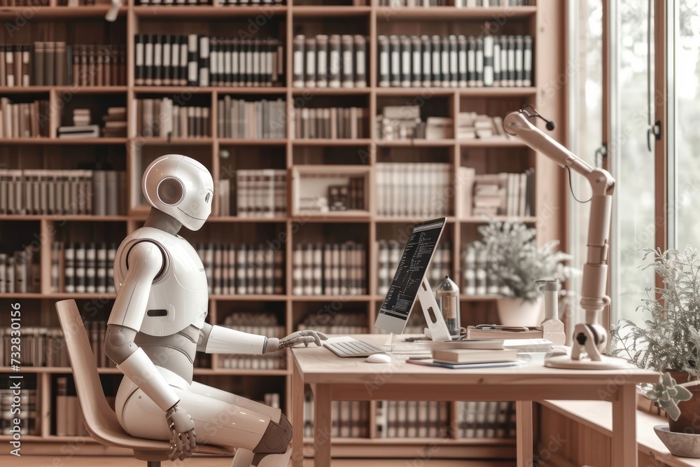 Human-like artificial intelligence in an office behind a laptop. A ...