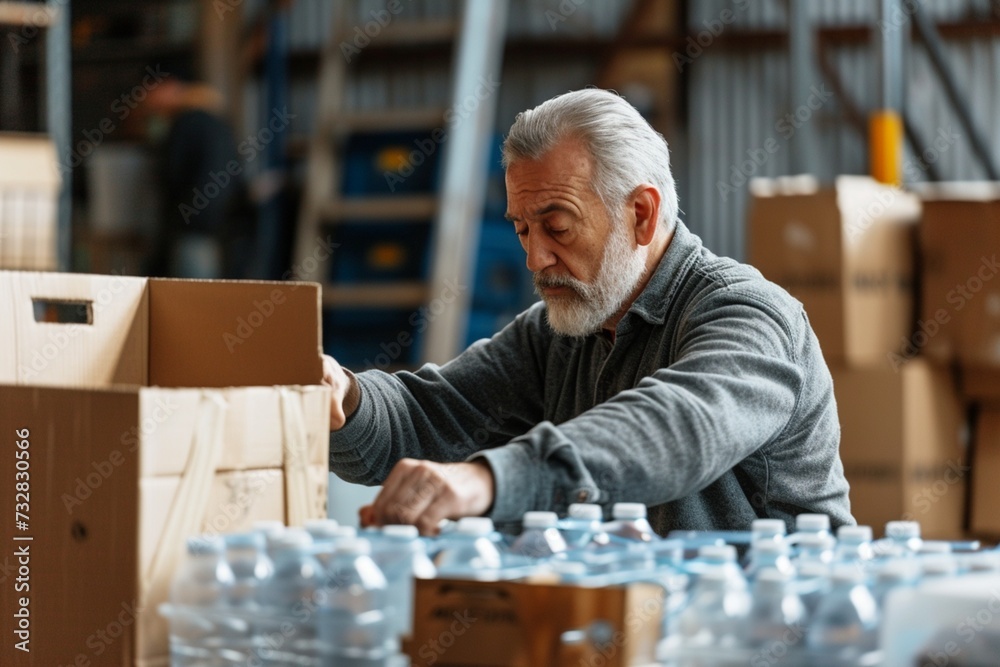 Mature man working as volunteer at community center and arranging ...