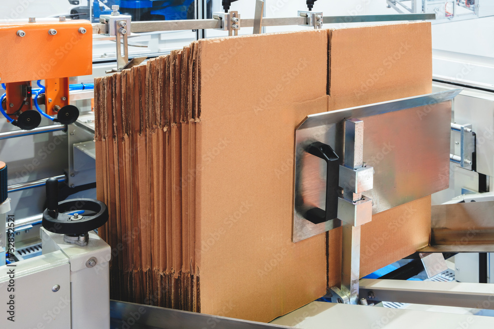 Elements of corton boxes are collected in stack. Conveyor line for the ...
