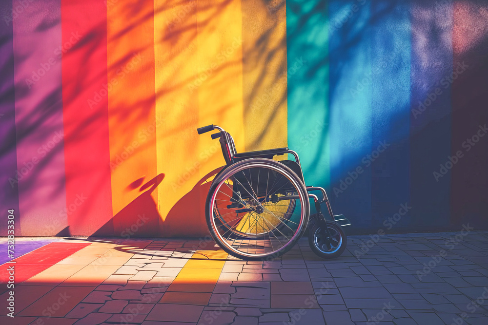 wheelchair next to colorful wall that has colors like blue, red, green ...