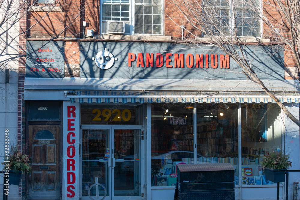exterior building facade entrance and sign of Pandemonium, a record and ...