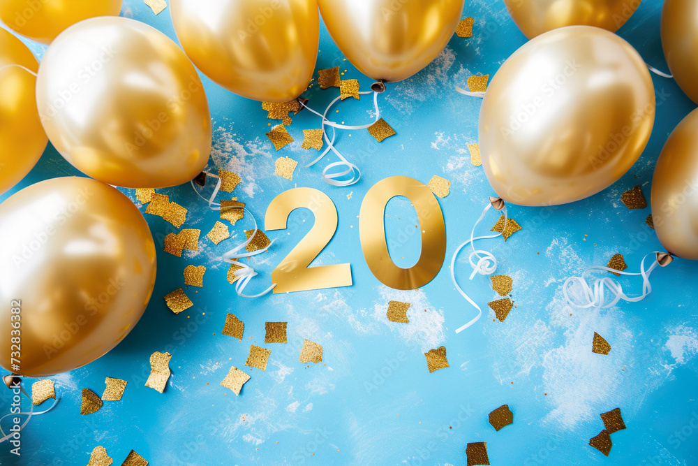 Golden balloons and number 20 in gold, 20th birthday celebration ...