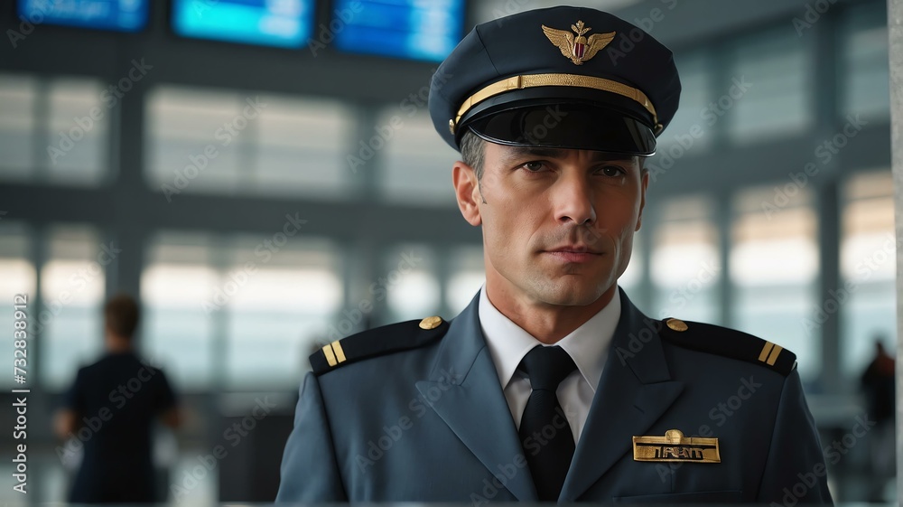 Portrait of a handsome male flight captain pilot on gray uniform in ...