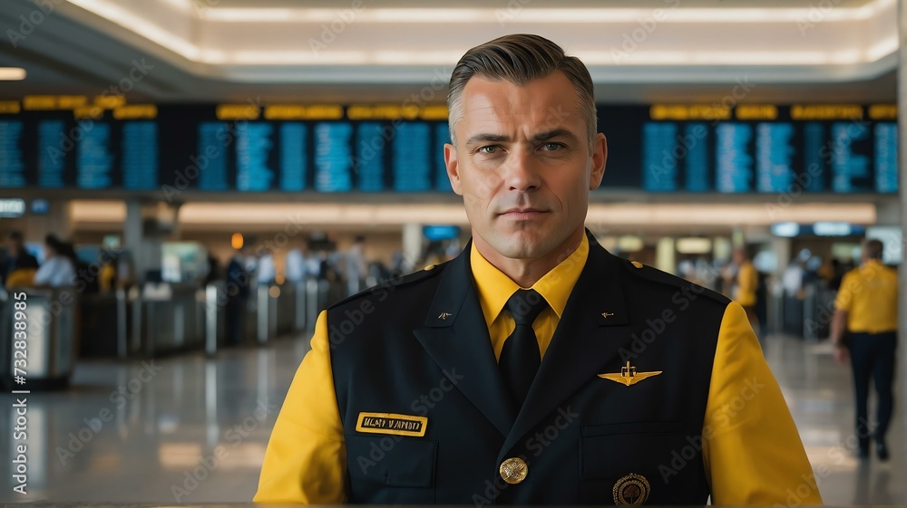 Portrait of a handsome male flight captain pilot on yellow uniform in ...