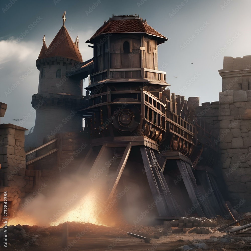 Epic siege engine, Massive siege engine unleashing devastation upon a ...