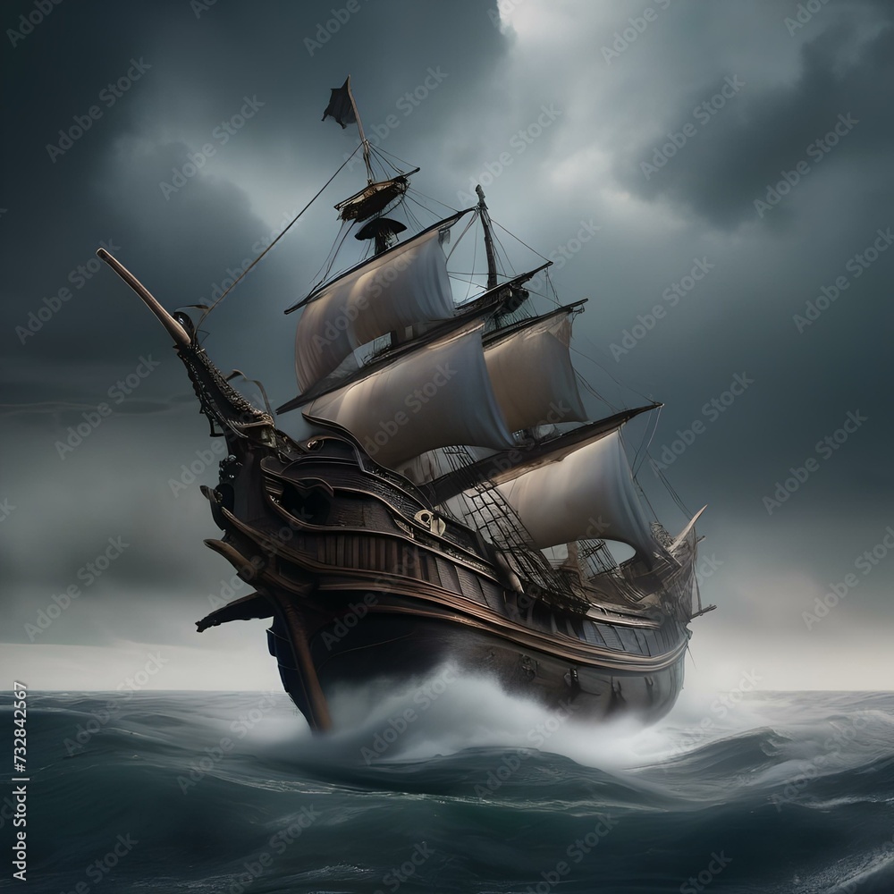Haunted pirate ship, Ghostly pirate ship sailing through stormy seas ...