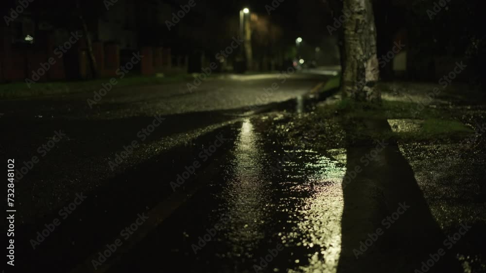 Rain falling at night with street light illuminating puddle on side of ...