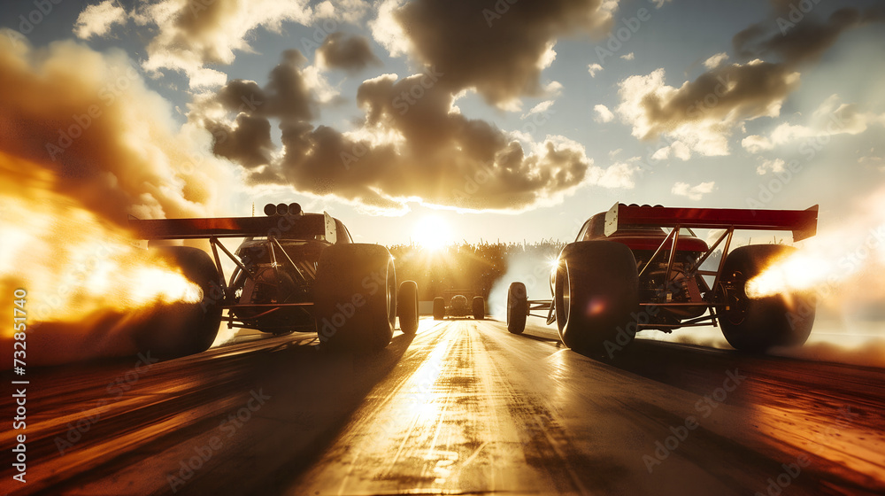 A vintage open-wheel race car performs a burnout on the track, with ...