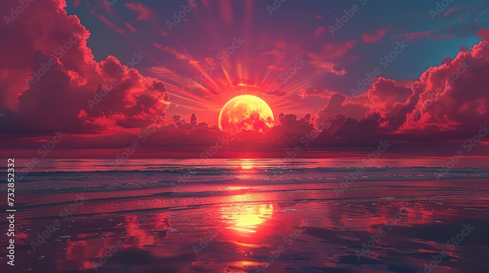 Surreal beach sunset, exaggerated colors and dreamlike clouds, the sun ...