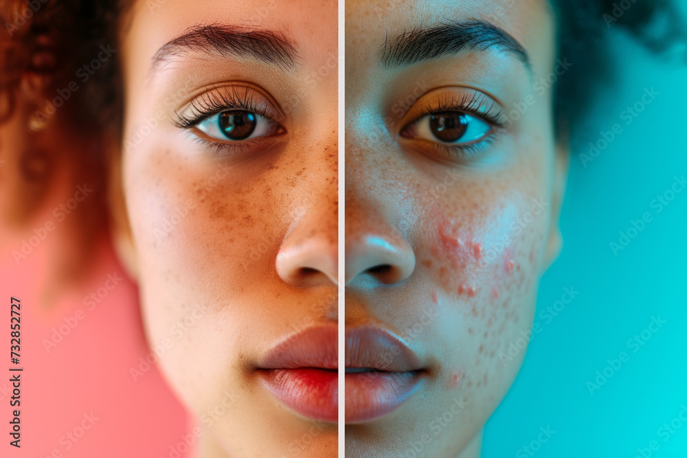 Side by side face comparison of a woman with bad skin on one side and ...