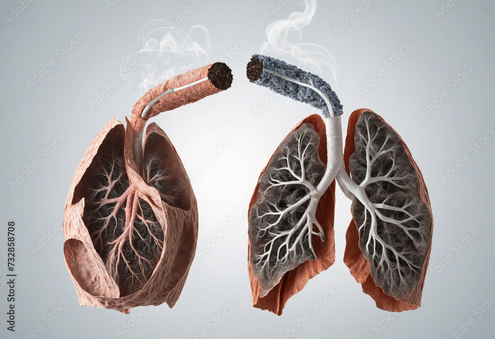 Visual representation of two lungs damaged by smoking, emitting smoke ...