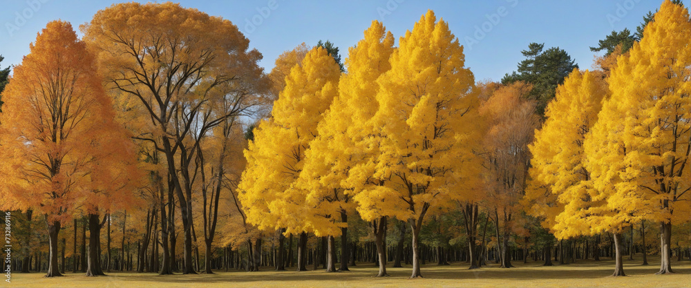 grove of many autumn yellow trees side view, png file of isolated ...