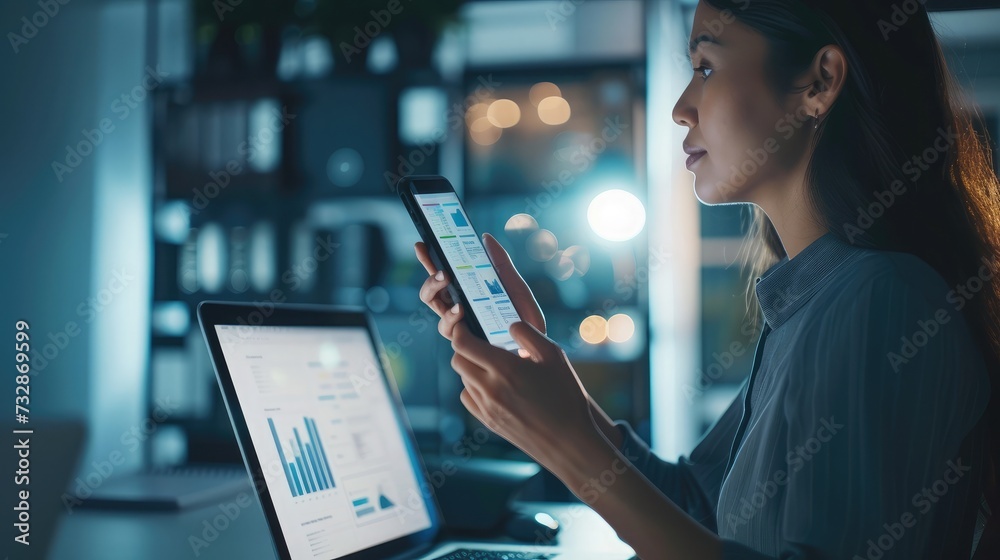 business woman working in office on pc holding smartphone and looking ...