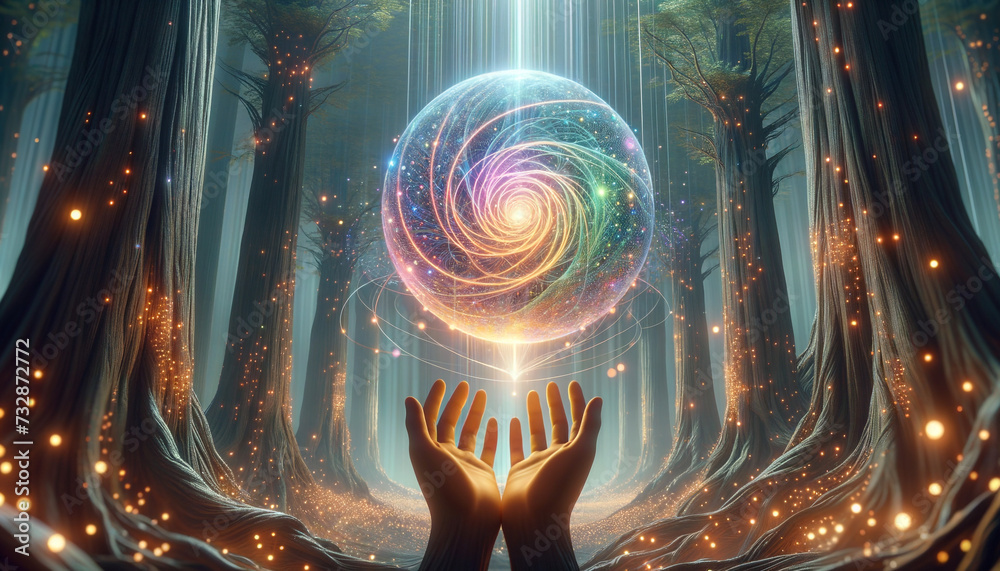 Enchanted forest with glowing orb and reaching hands, representing zero ...