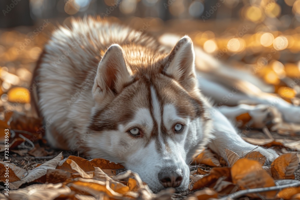 dog breed Siberian Husky Lie flat on the ground, exhausted from the ...