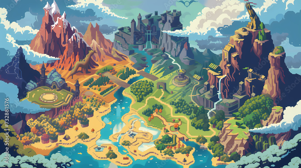 vibrant fantasy world map concept for pixel based game art Stock ...