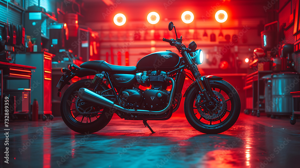 motorcycle workshop with dark and red color background Stock Photo ...