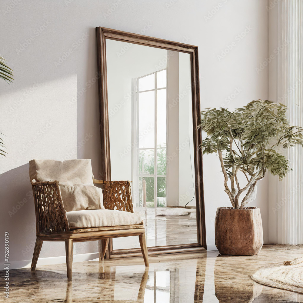 Mock up frame with glass reflection in cozy room with white wall ...