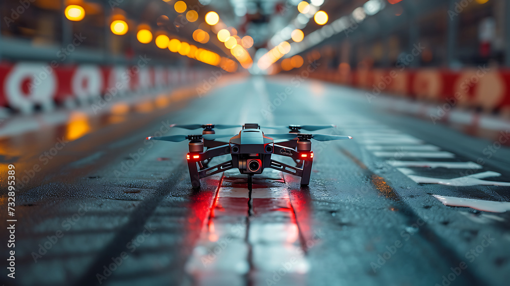 unbranded a radio controlled drone in front, indoor race track in ...