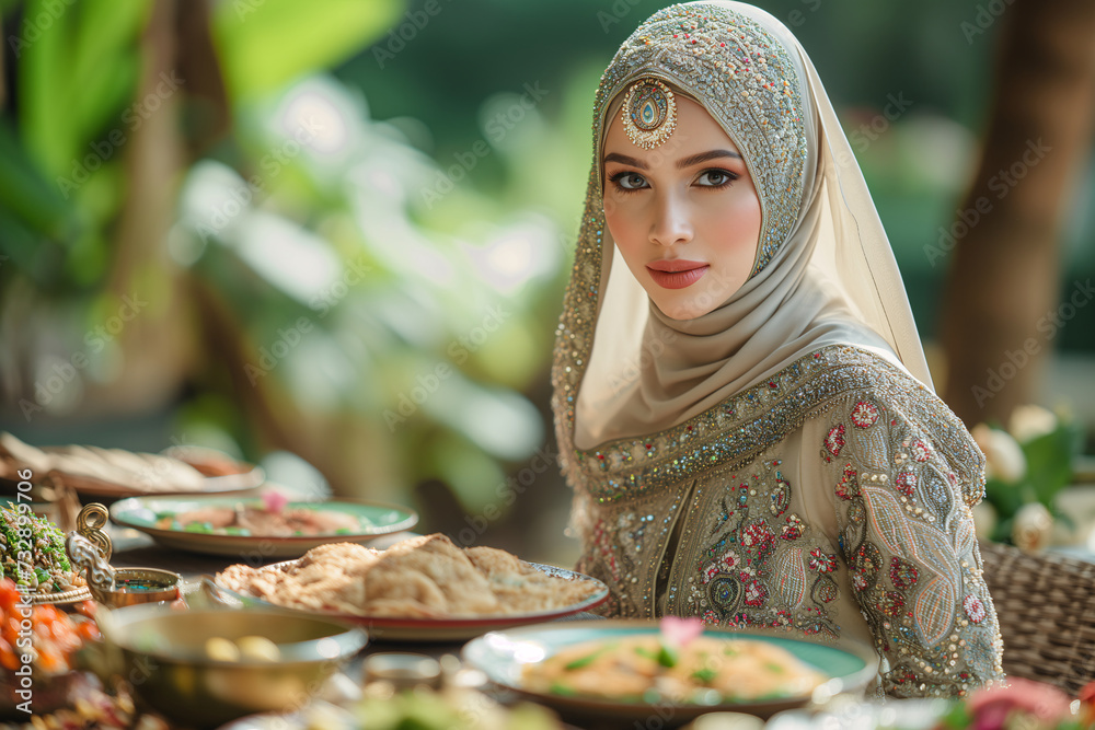 An elegantly dressed Muslim woman in a bejeweled hijab graces a ...