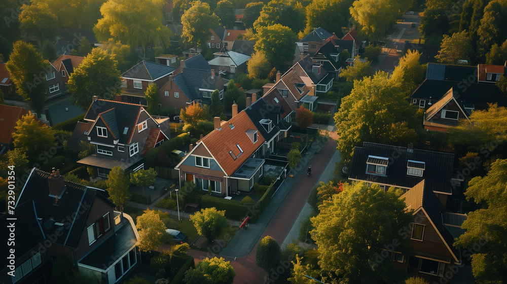 top view at a Dutch Suburban neignorhood area with modern family houses ...