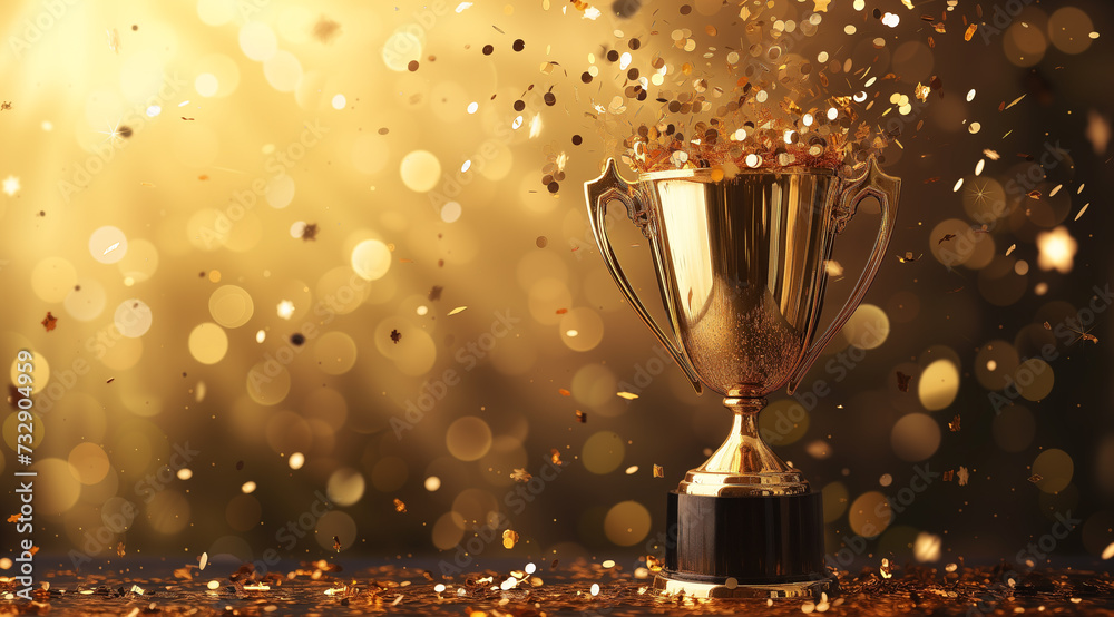 A golden champion trophy gleaming in the spotlight against a magical ...