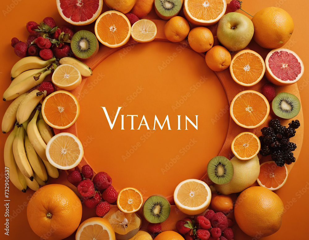 word "vitamin" written in a circle with various fresh fruits, in the ...
