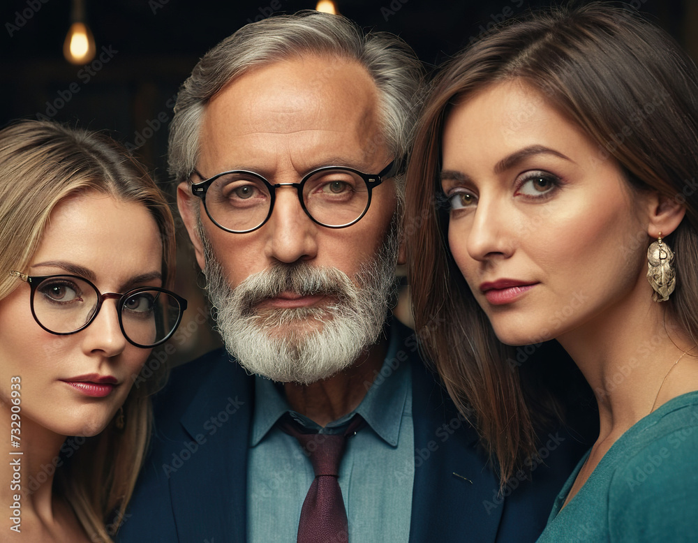 a 55 years old man with round glasses and beard, in the middle of two ...