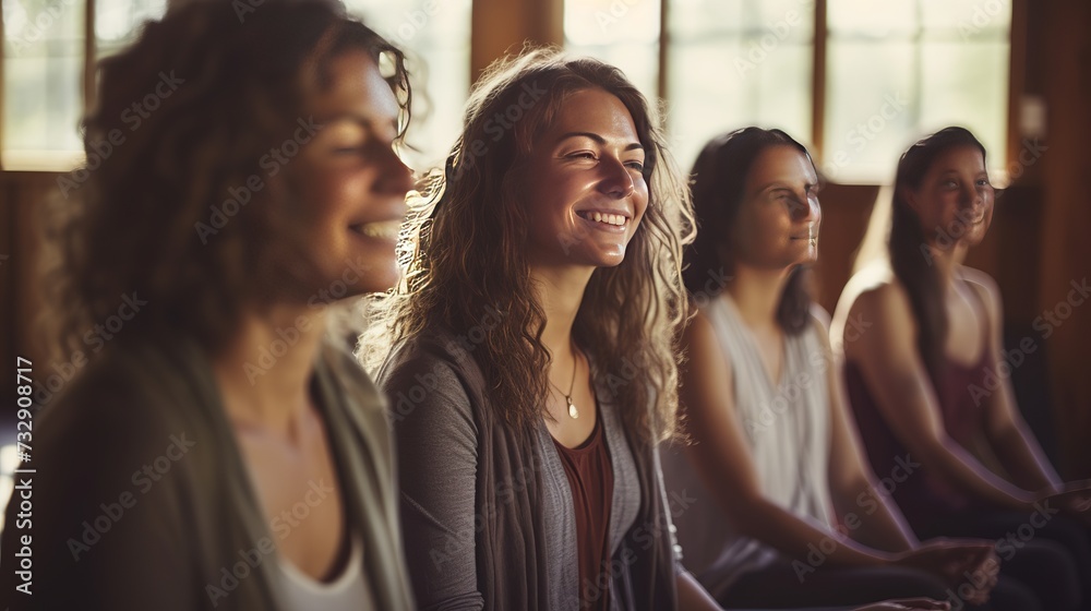 Female friends meditating together sitting cross-legged at retreat ...