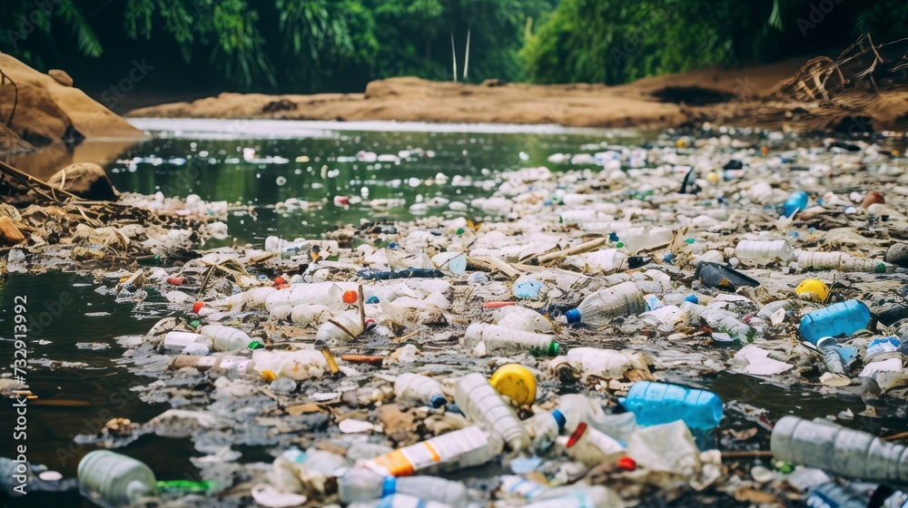 Plastic pollution in a river with polluted waters Stock Photo | Adobe Stock