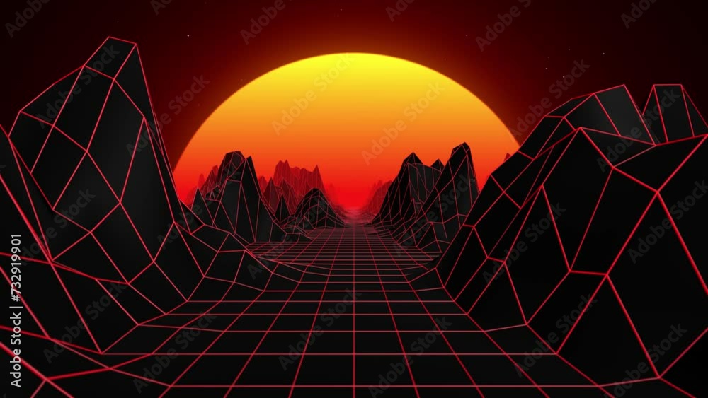 Seamless loop animation of synthwave landscape background with bright ...