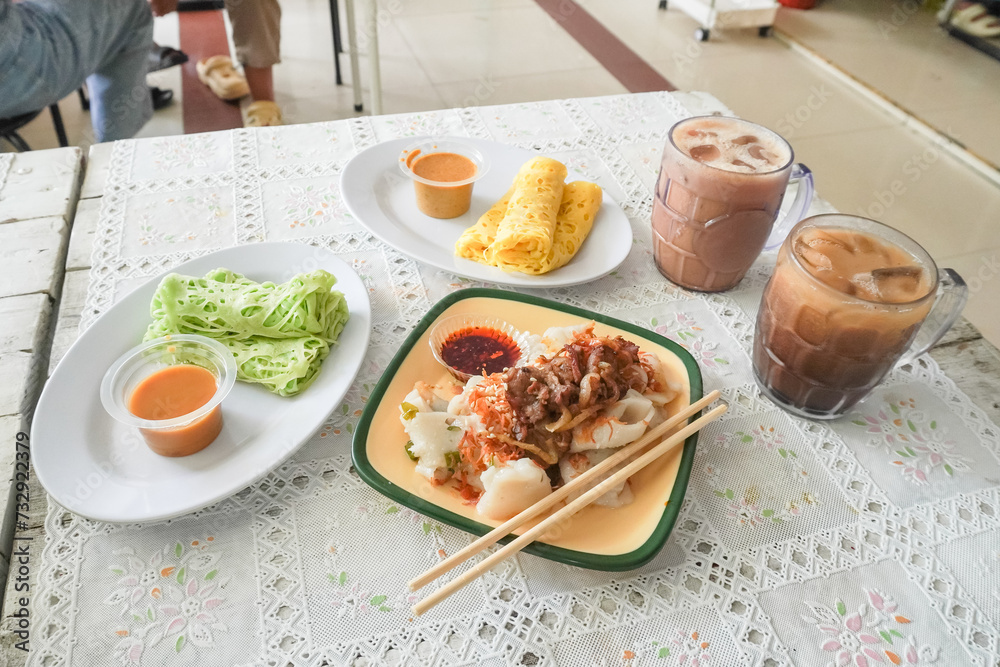 Cheung Fun, Roti Jala and Cold Drinks. Roti jala is a typical Malay ...