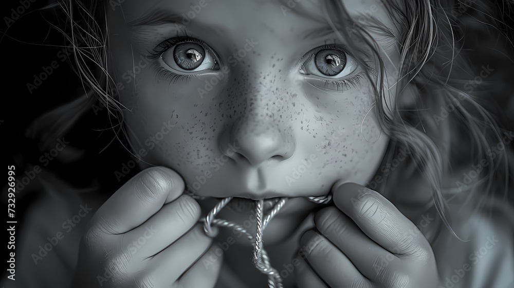 A little girl crying tears of frustration as she struggles to tie her ...