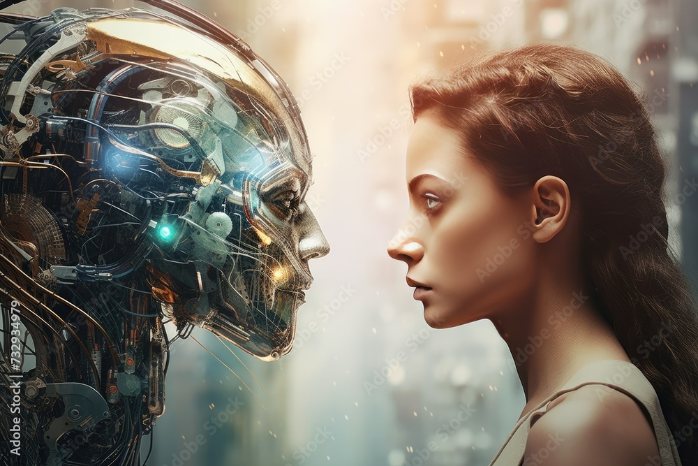 Machine vs human: AI robot and man facing each other, The concept of ...