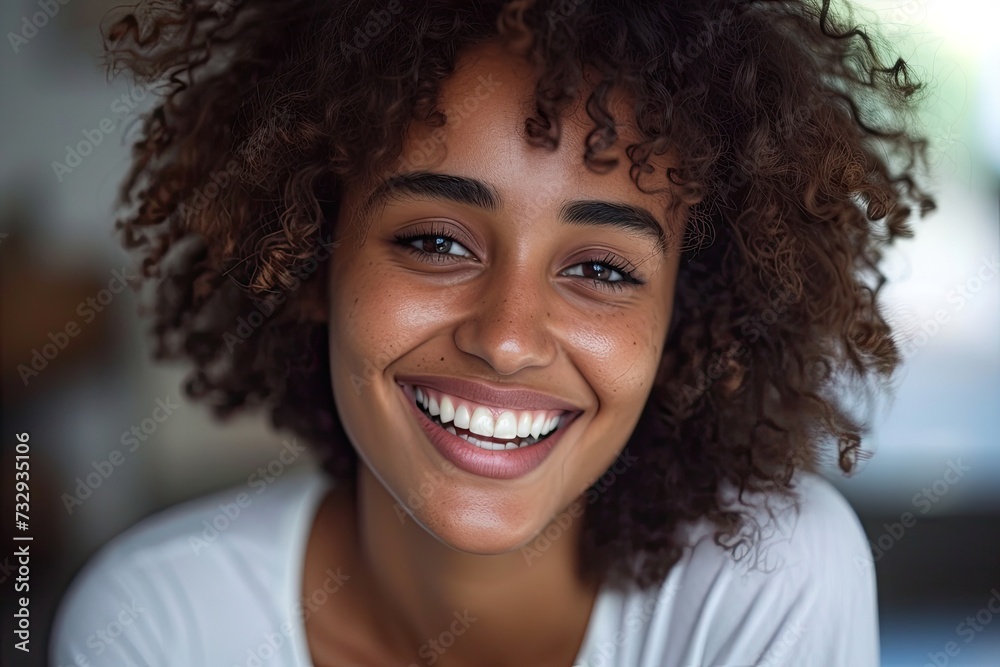 Happy and carefree dark skinned woman with shaggy hair smiling indoors ...