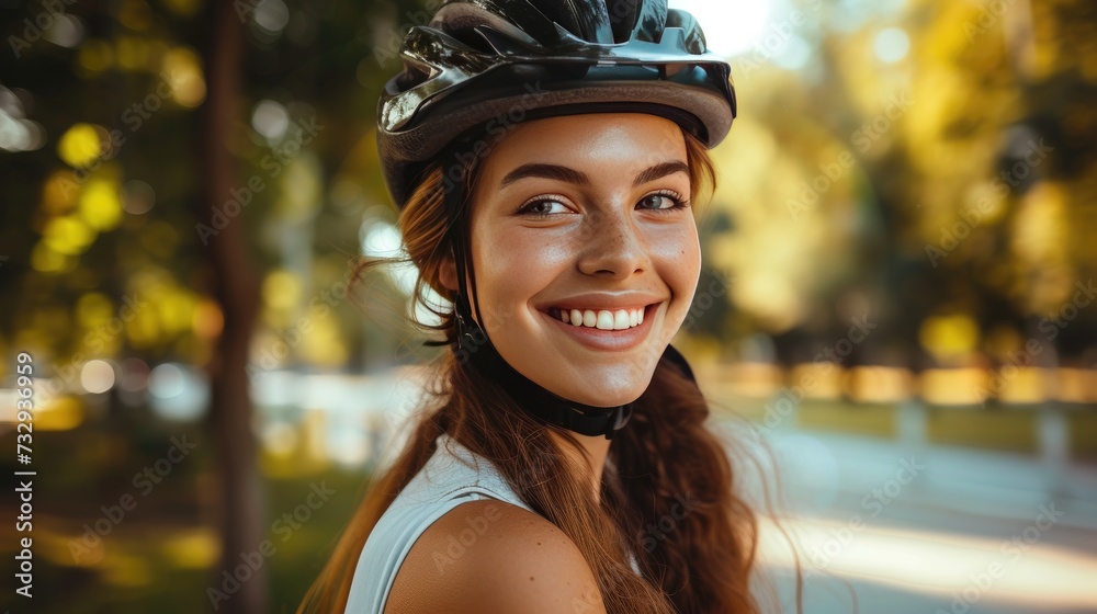Radiant Cyclist Enjoying a Sunny Park Ride, young woman with a joyful ...