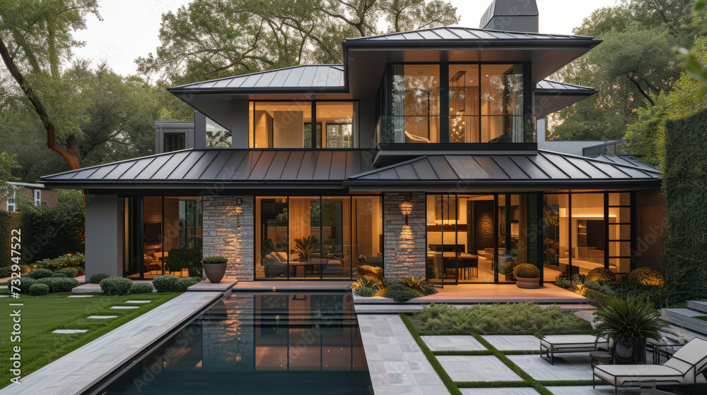 corrugated metal roof installed in a modern house. Corrugated metal ...