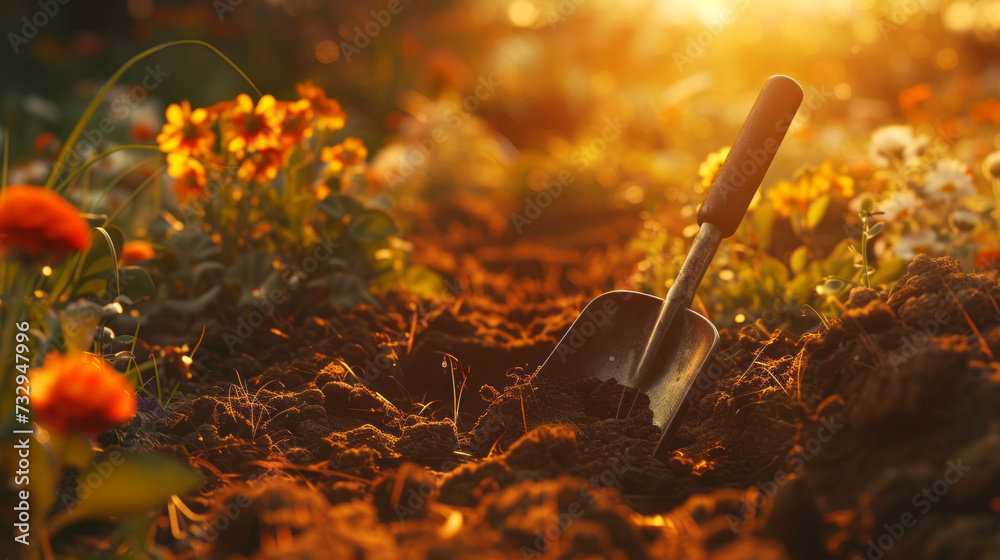 Gardening Trowel in Soil at Golden Hour, A close-up of a gardening ...