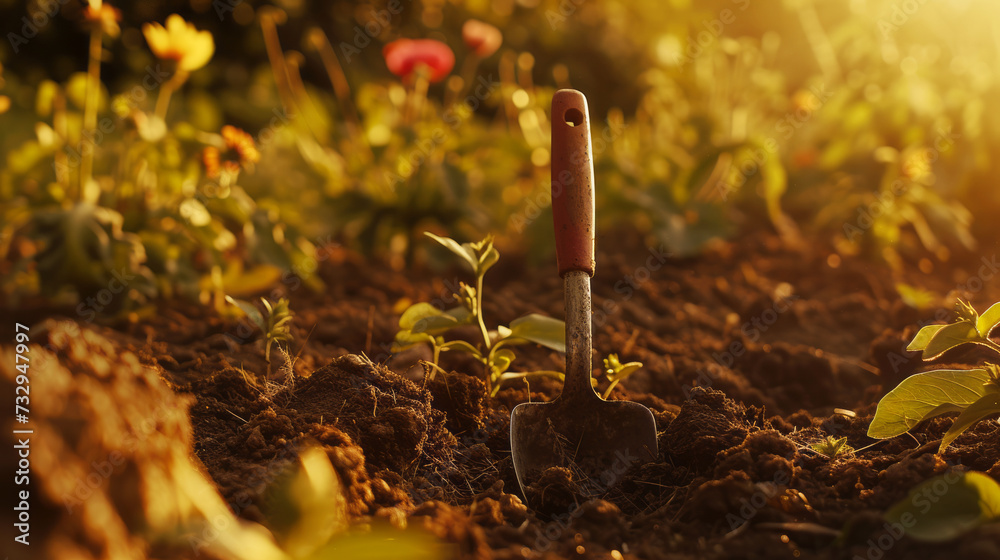 Gardening Trowel in Soil at Golden Hour, A close-up of a gardening ...