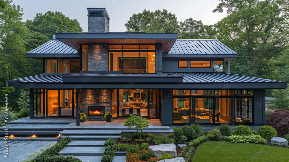 corrugated metal roof installed in a modern house. Corrugated metal ...