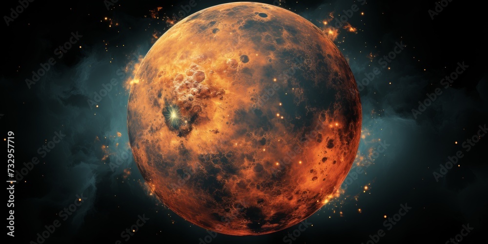 Against the backdrop of the dark, infinite expanse of space, a red ...