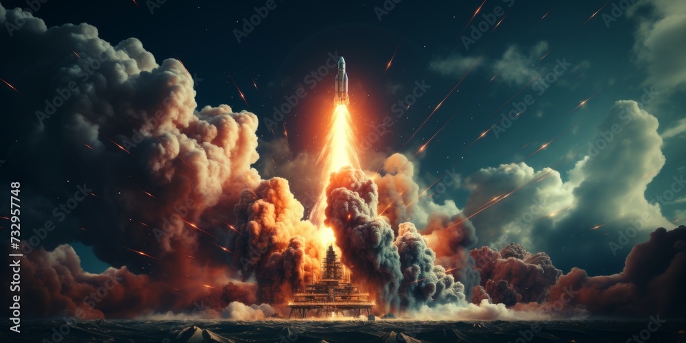 Rising from the oceanic launchpad, the powerful spaceship emits a fiery ...