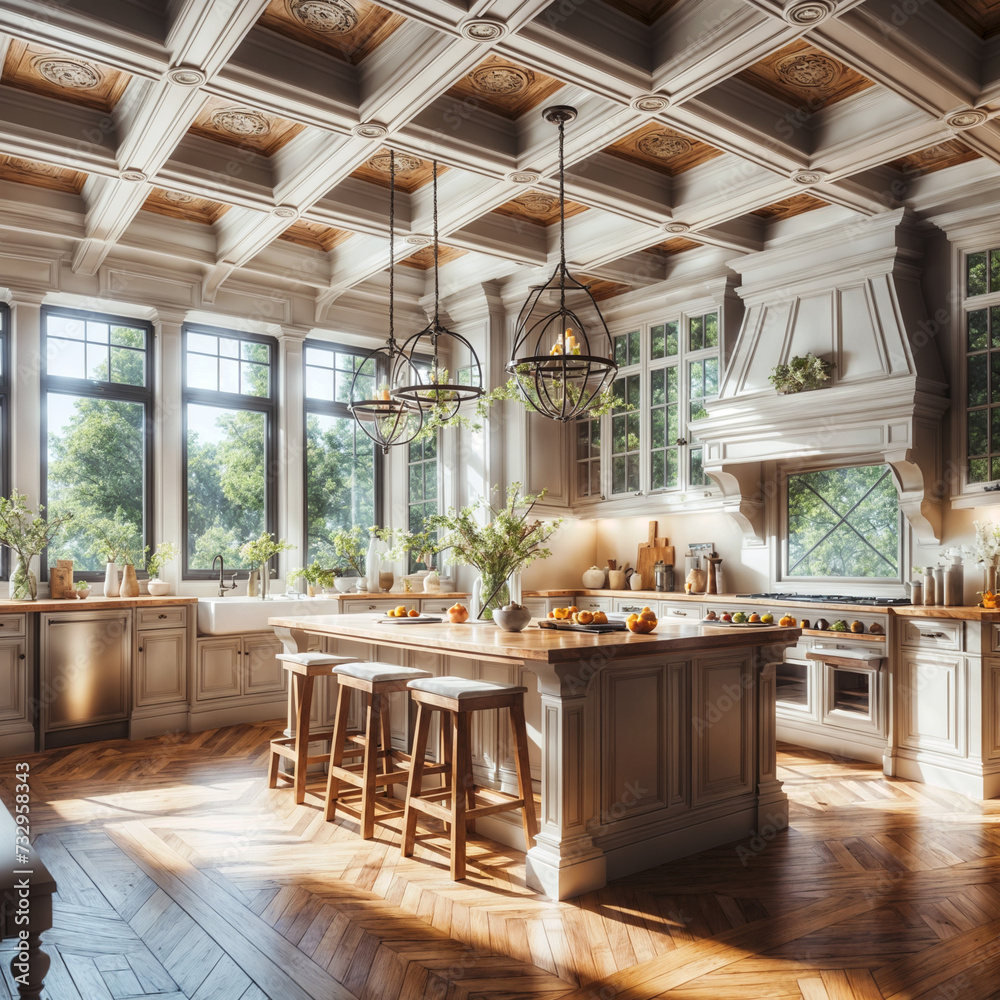 a large kitchen with a center island and lots of windows, a digital ...