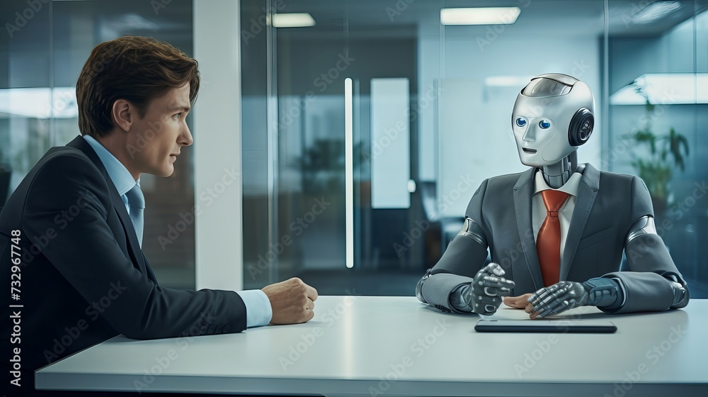 Futuristic robot interviewing human candidate in modern office, concept ...