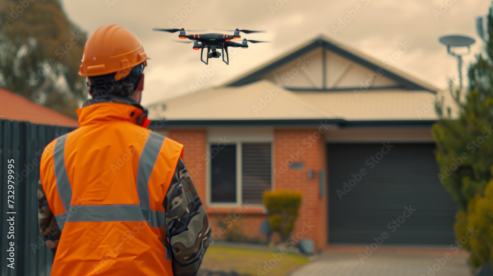 Professional man doing a house flight over mission using a drone to ...