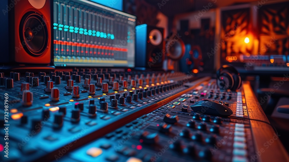 High-end recording studio featuring an advanced sound mixing desk with ...