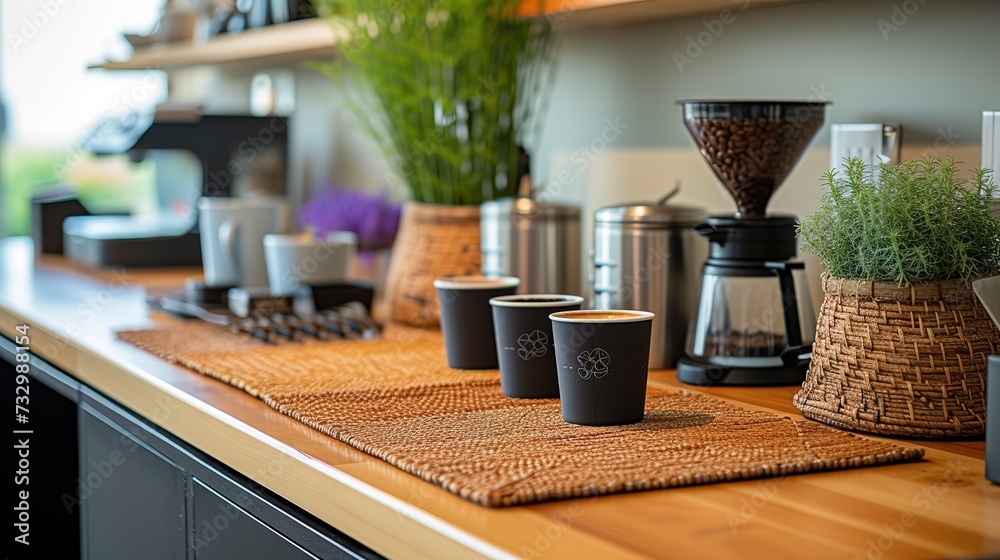 A neatly organized office coffee station with black espresso cups, a ...