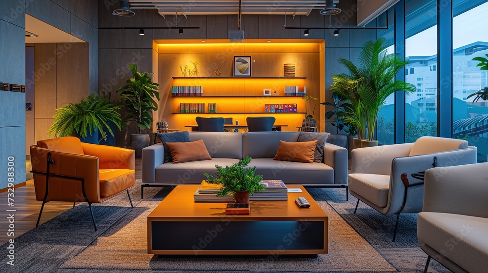 Foto de A modern office lounge area featuring cozy sofas, ambient ...